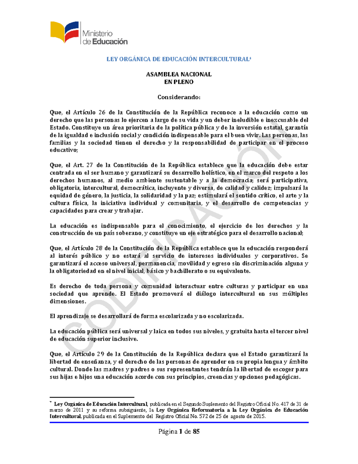 Ley Organica de Educacion Intercultural LOEI codificado - LEY ORGÁNICA DE EDUCACIÓN ...