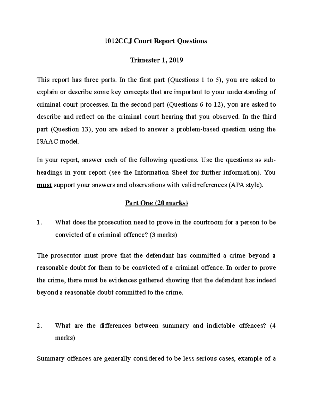 Court report - In the first part (Questions 1 to 5), you are asked to ...