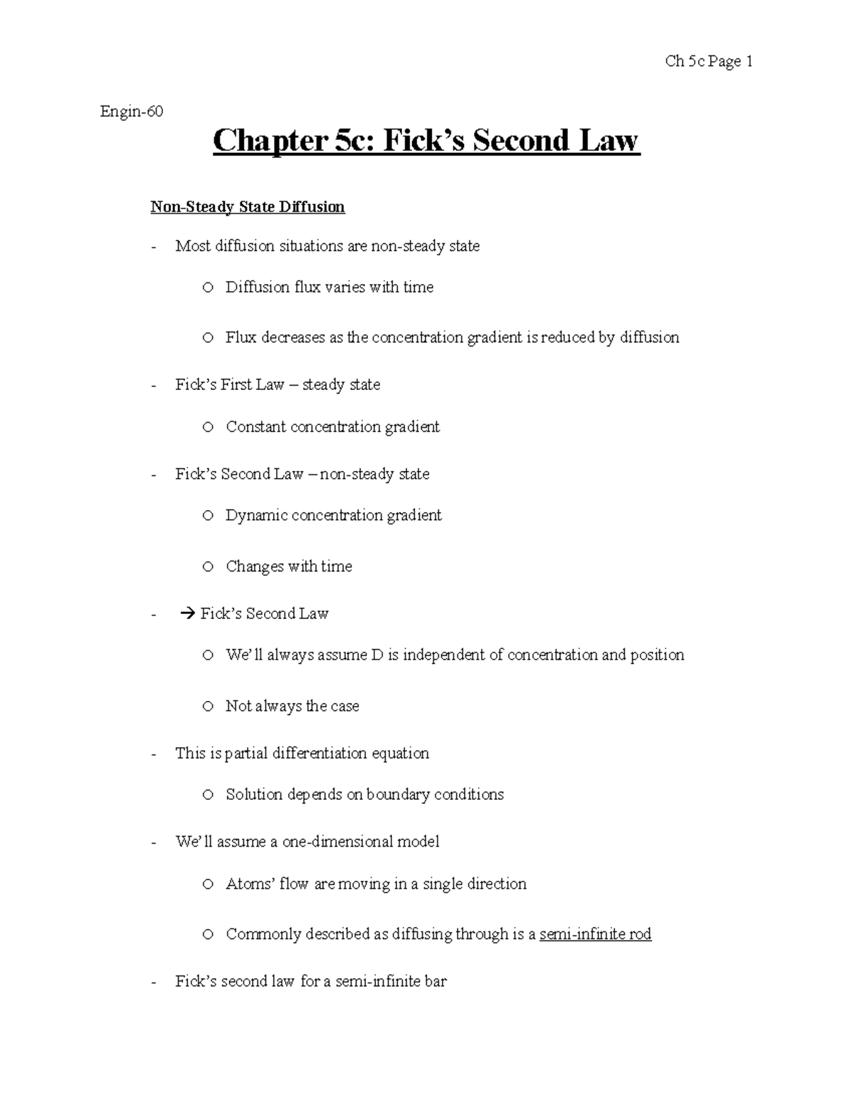 Chapter 5c - Ch 5c Page 1 Engin- Chapter 5c: Fick’s Second Law Non-Steady State Diffusion - Most ...