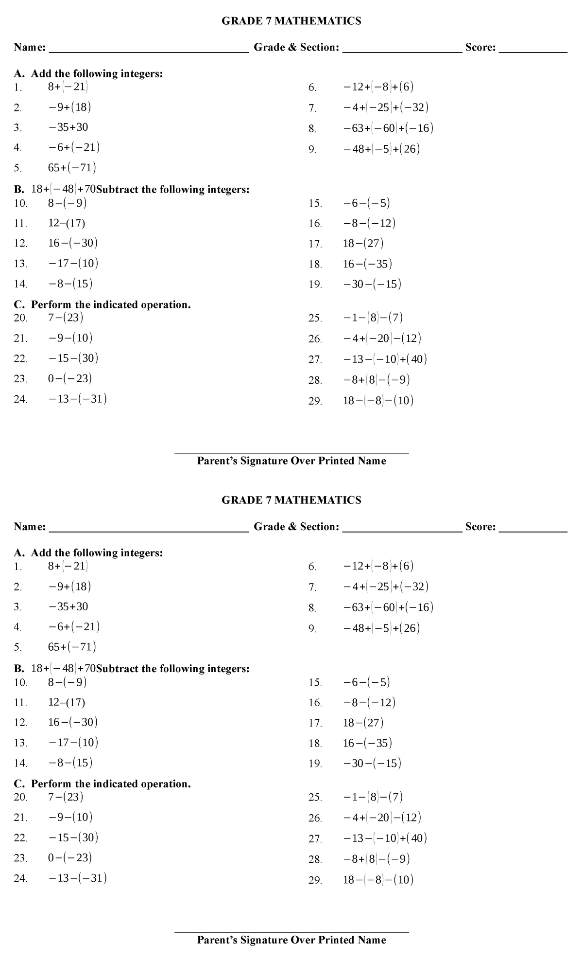 Activity Sheet Addition and Subtraction of Integers - GRADE 7 ...