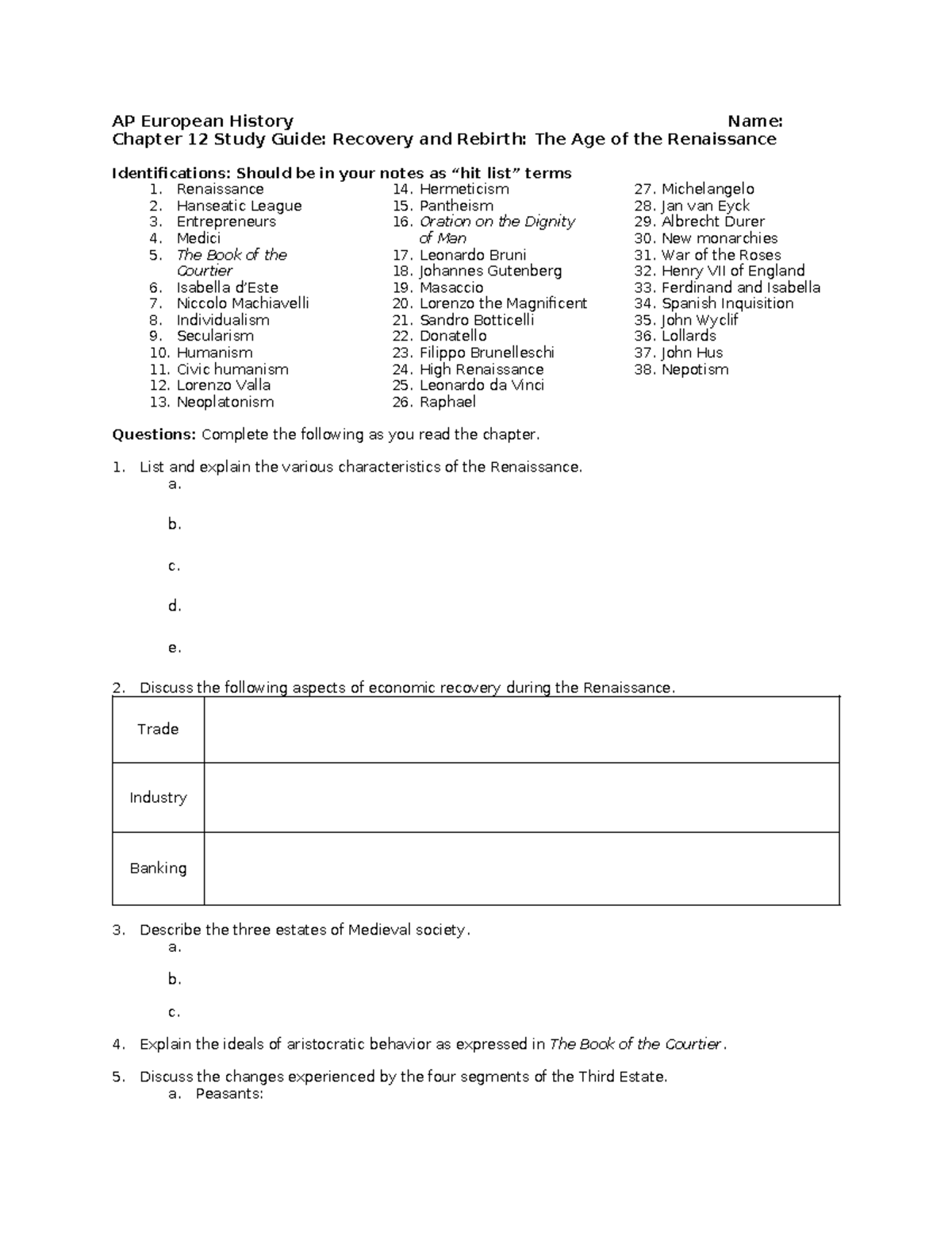 Renaissance+Study+Guide - AP European History Name: Chapter 12 Study ...