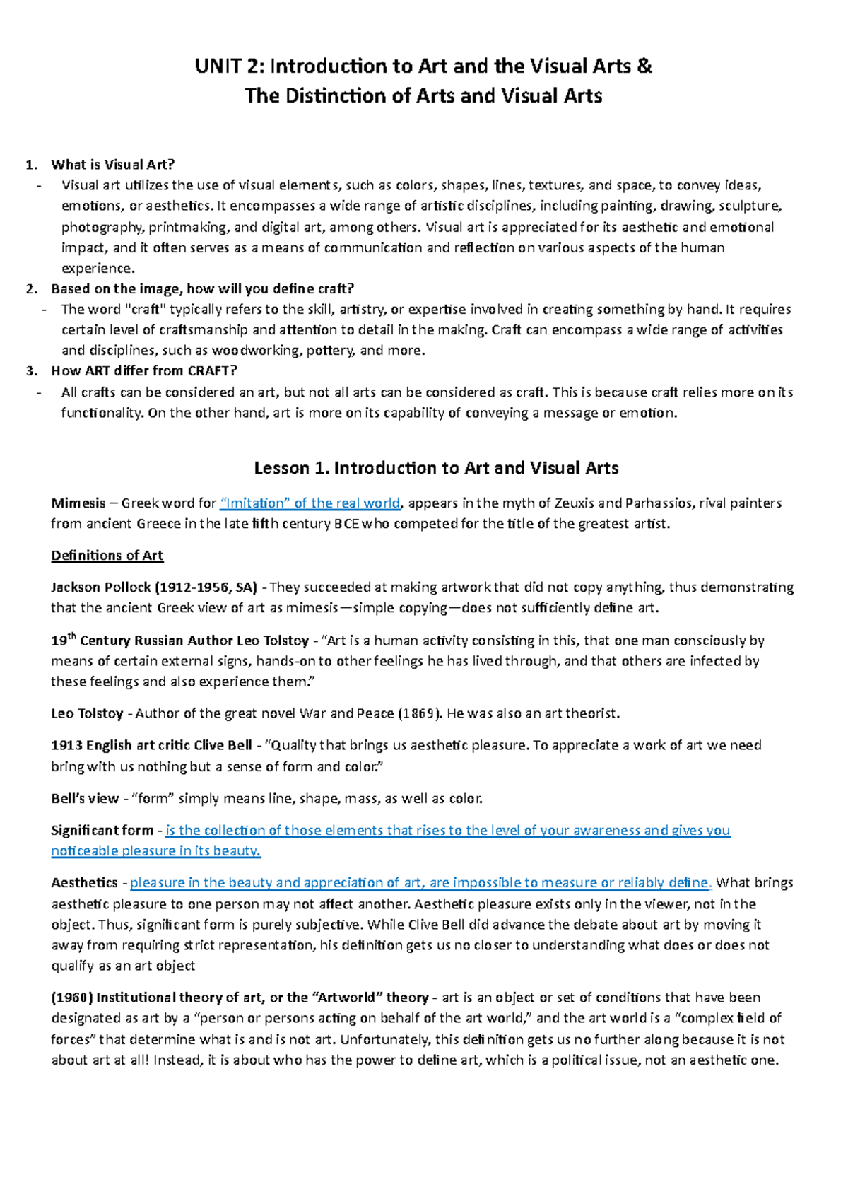 RVA-Midterm-Reviewer - UNIT 2: Introduction to Art and the Visual Arts ...