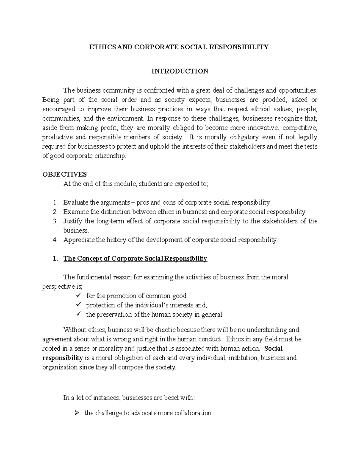 Ethics and Corporate Social Responsibility (BACC) - ETHICS AND ...