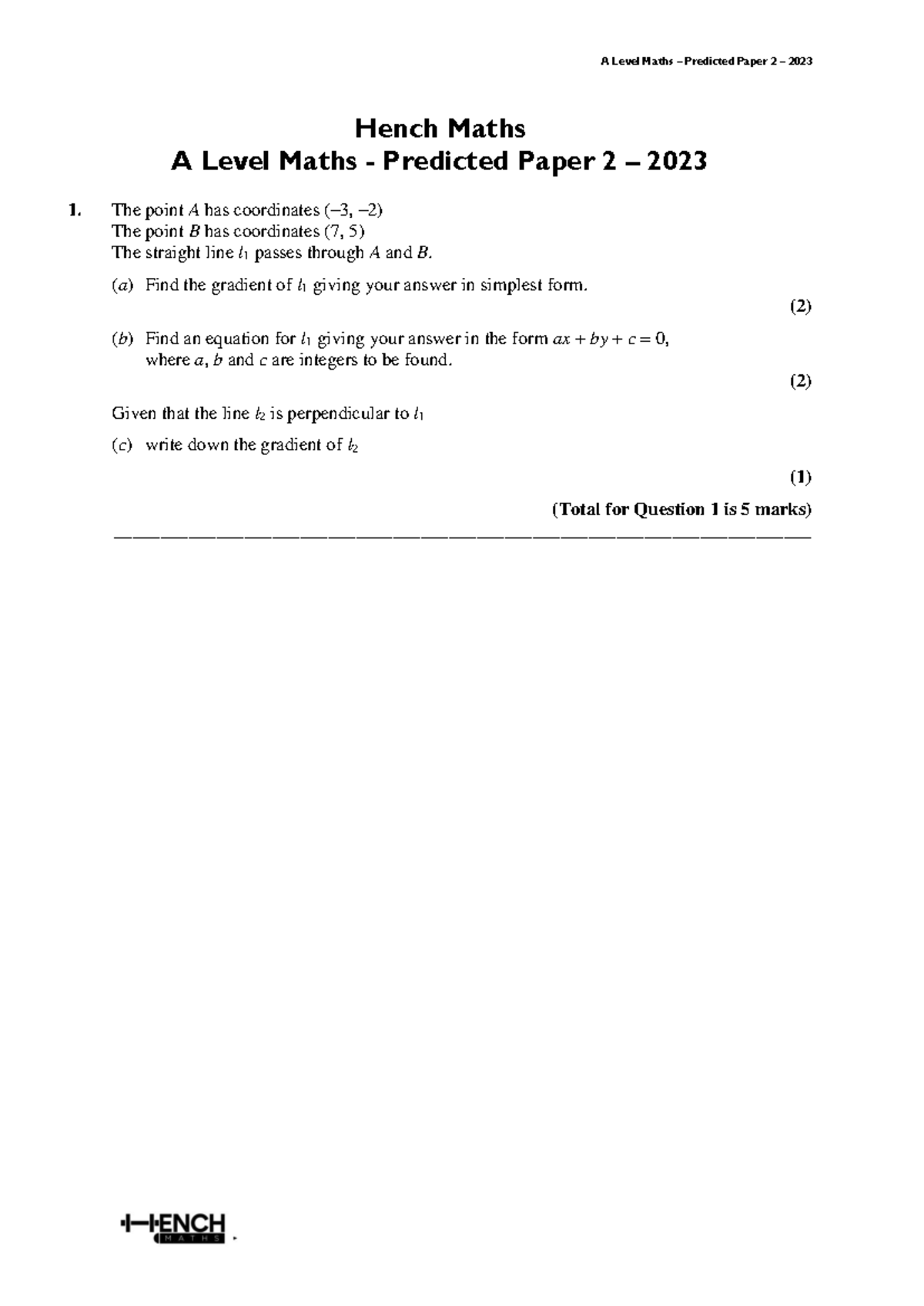 Hench Maths 2023 Predicted Paper 2 Edxcel A level Maths - Hench Maths A ...