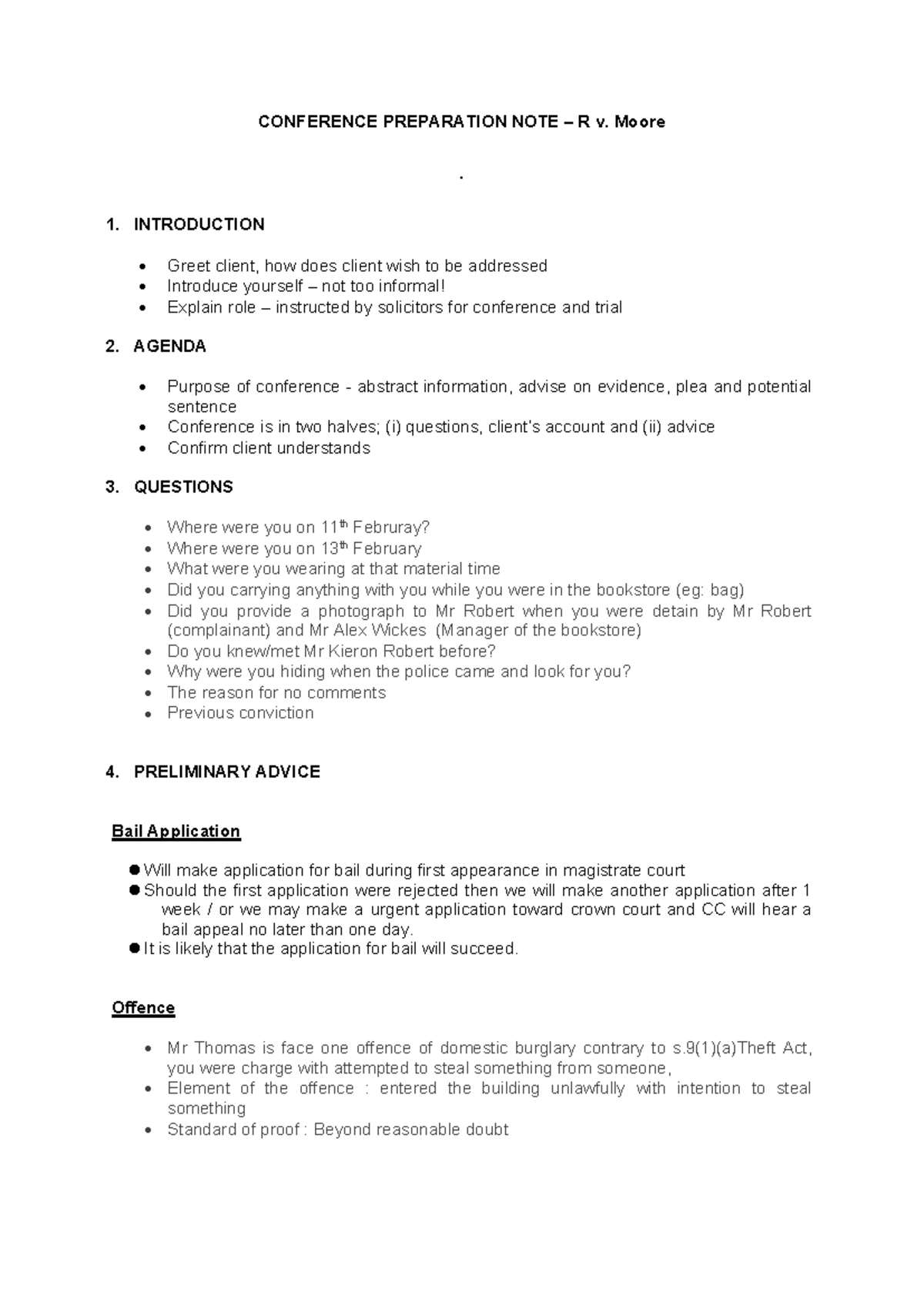 Preparation Note Workshop 11 - CONFERENCE PREPARATION NOTE – R v. Moore ...