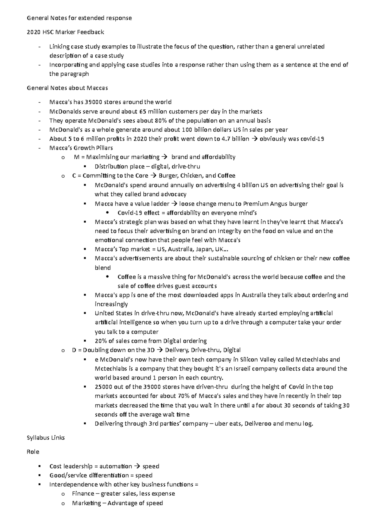 Macca's Case Study Zoom Notes - General Notes for extended response ...