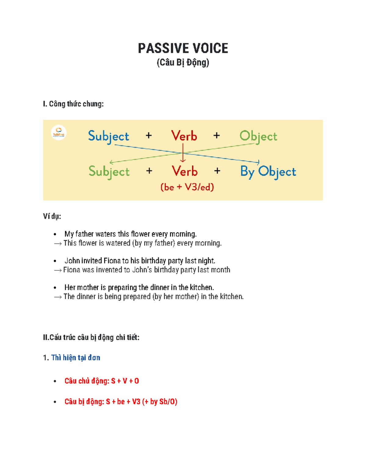 Passive- Voice - PASSIVE VOICE (Câu Bị Động) I. Công thức chung: Ví dụ ...