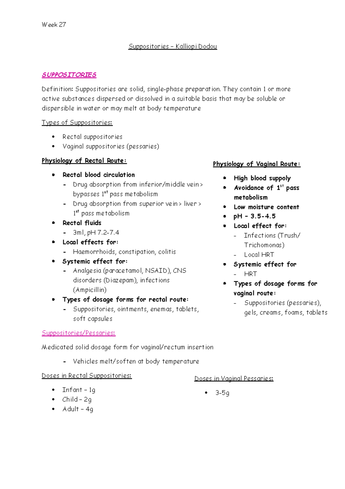 Suppositories - Suppository summary notes for exam - Kalliopi Dodou ...