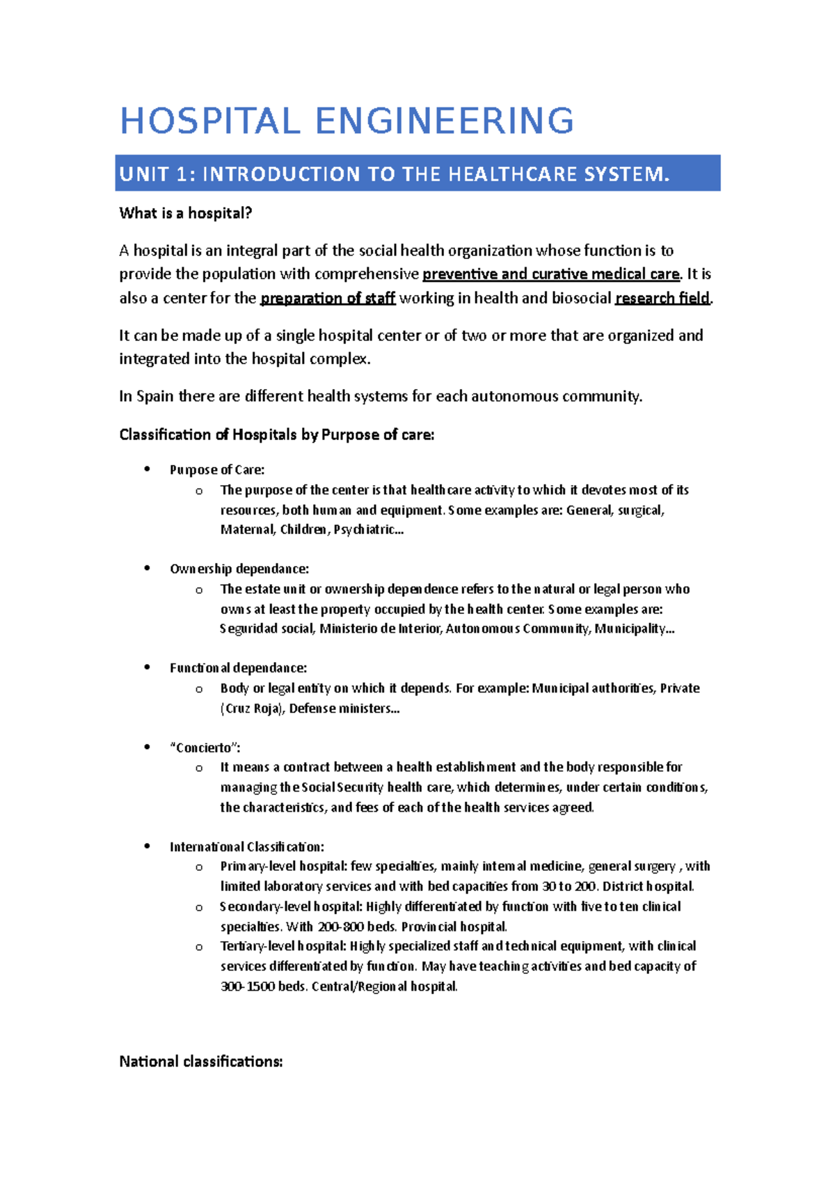 Hospital Engineering - HOSPITAL ENGINEERING UNIT 1: INTRODUCTION TO THE ...