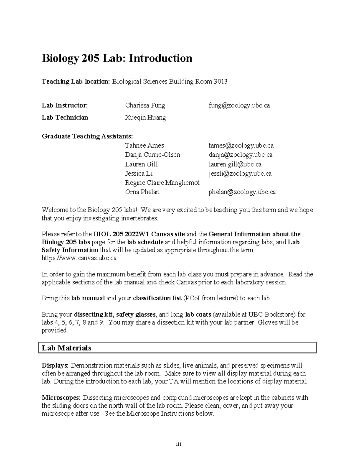 BIOL 205 Lab Manual 2022 Intro and Lab 1 - iii Biology 205 Lab: Introduction Teaching Lab ...