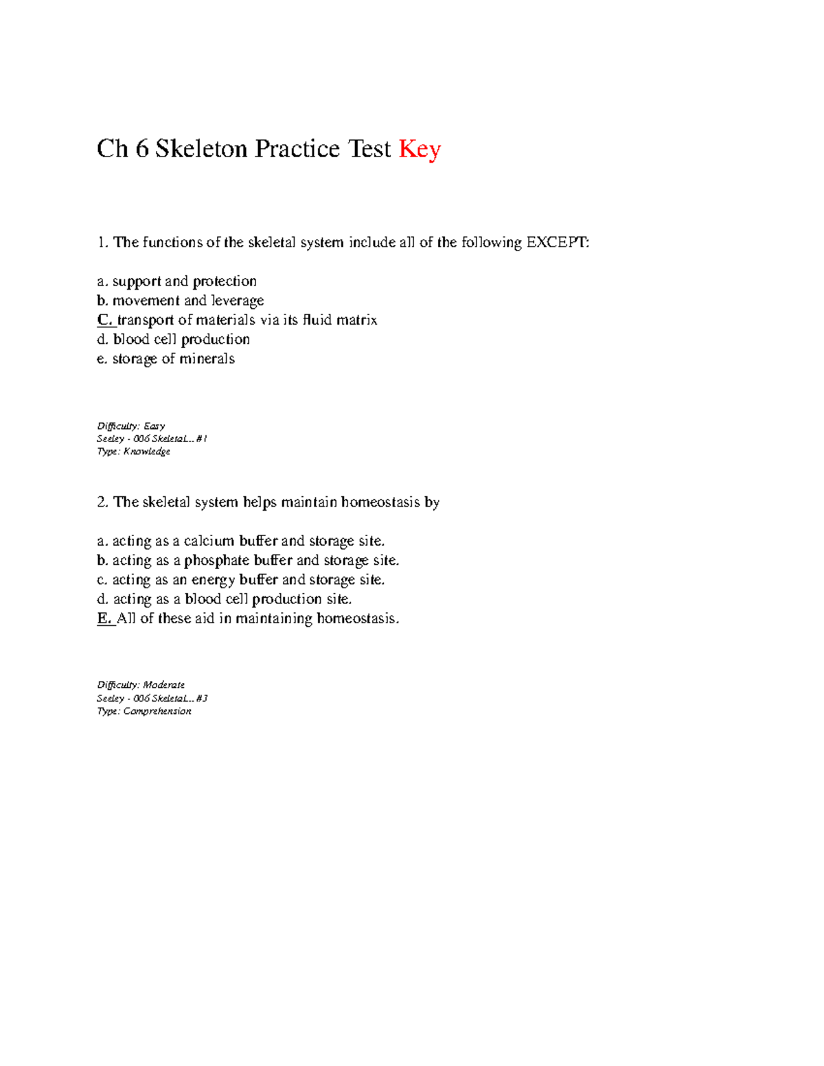Study Guide 17 February 2017, questions and answers - Ch 6 Skeleton ...