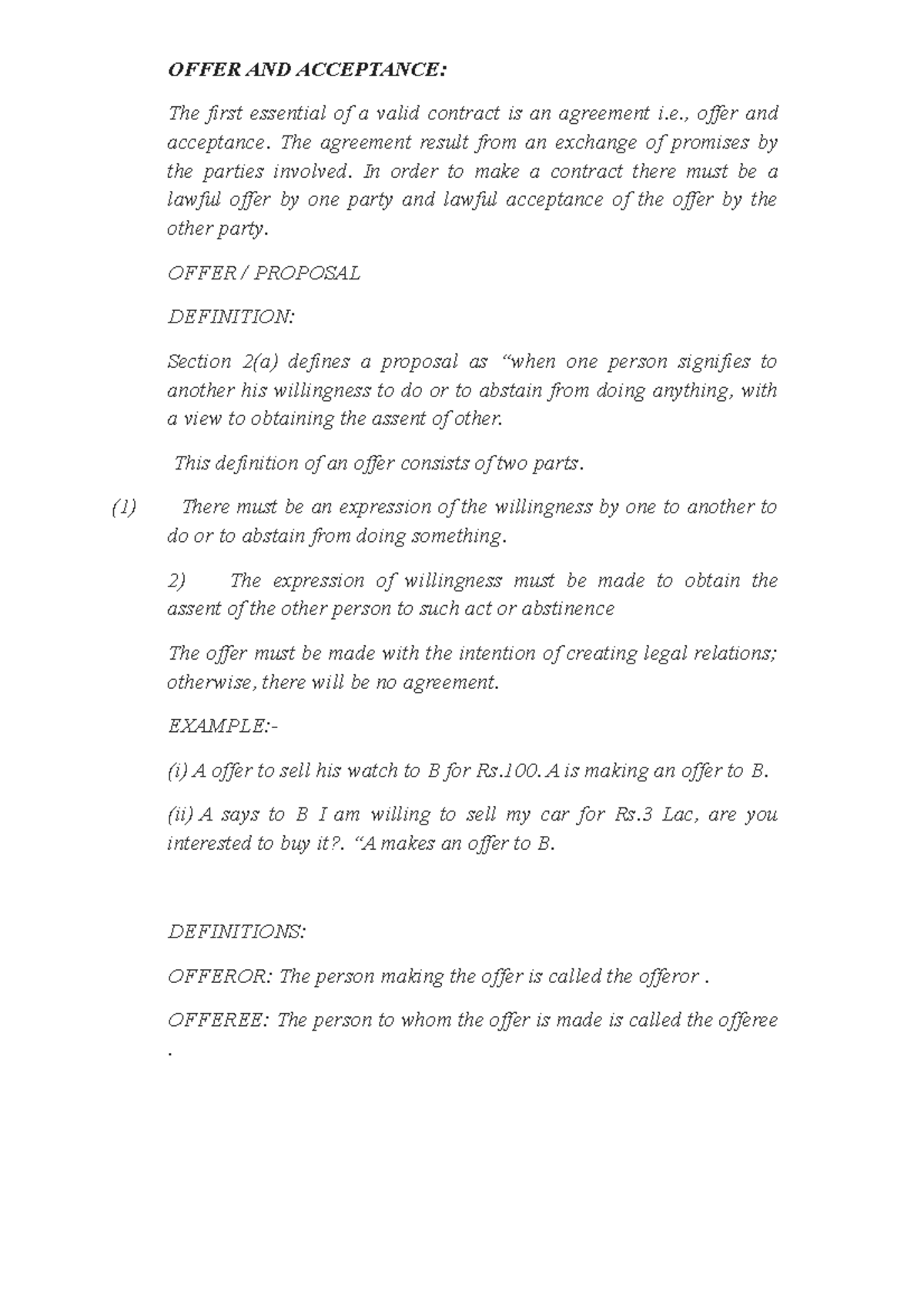 Offer AND Acceptance - OFFER AND ACCEPTANCE: The first essential of a ...