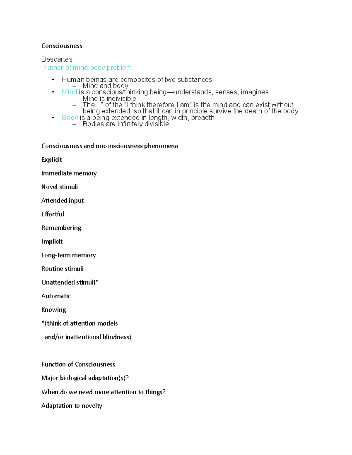 Consciousness - Lecture notes 6 - Consciousness Descartes Father of ...