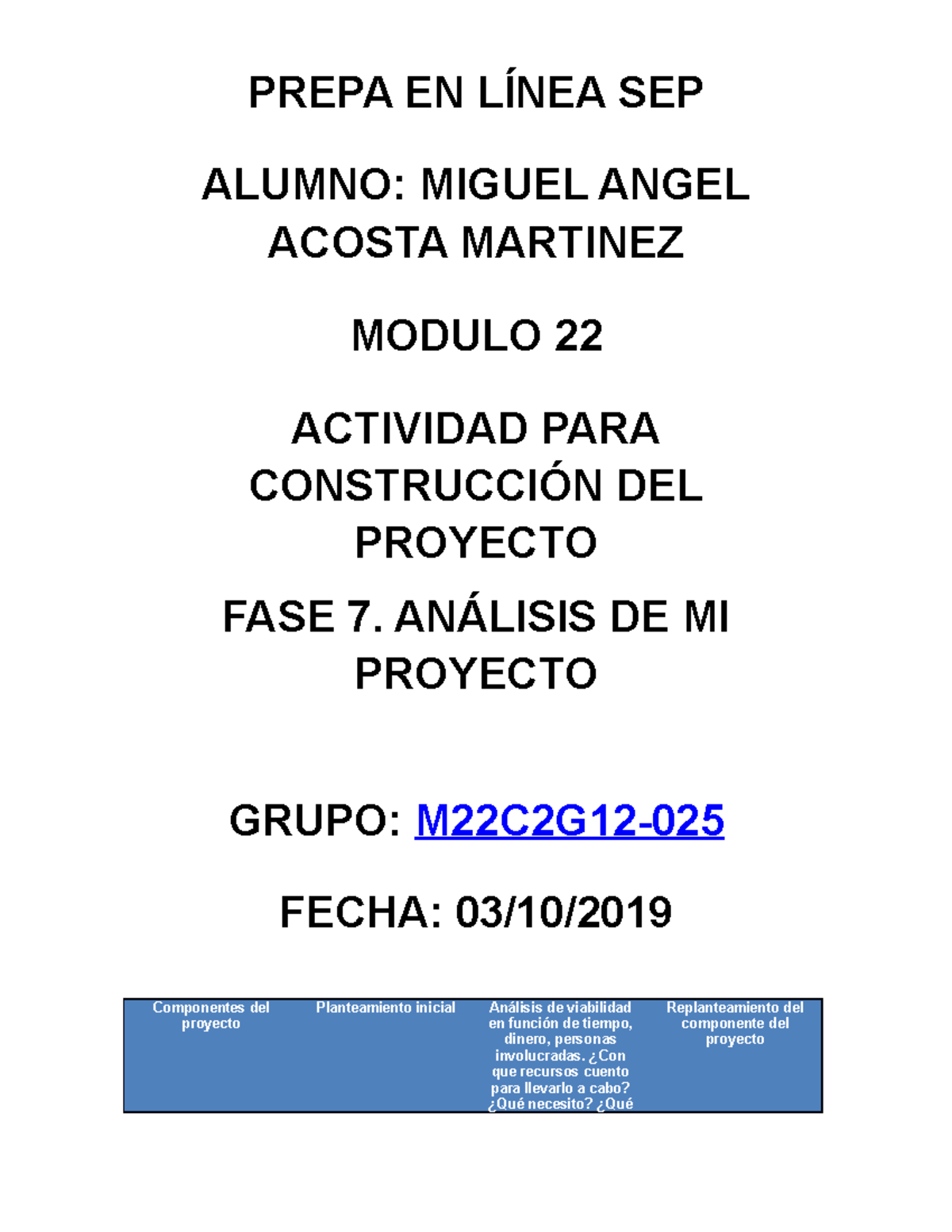 FASE 7. ANÁLISIS DE MI PROYECTO - PREPA EN LÍNEA SEP ALUMNO: MIGUEL ANGEL ACOSTA MARTINEZ MODULO ...