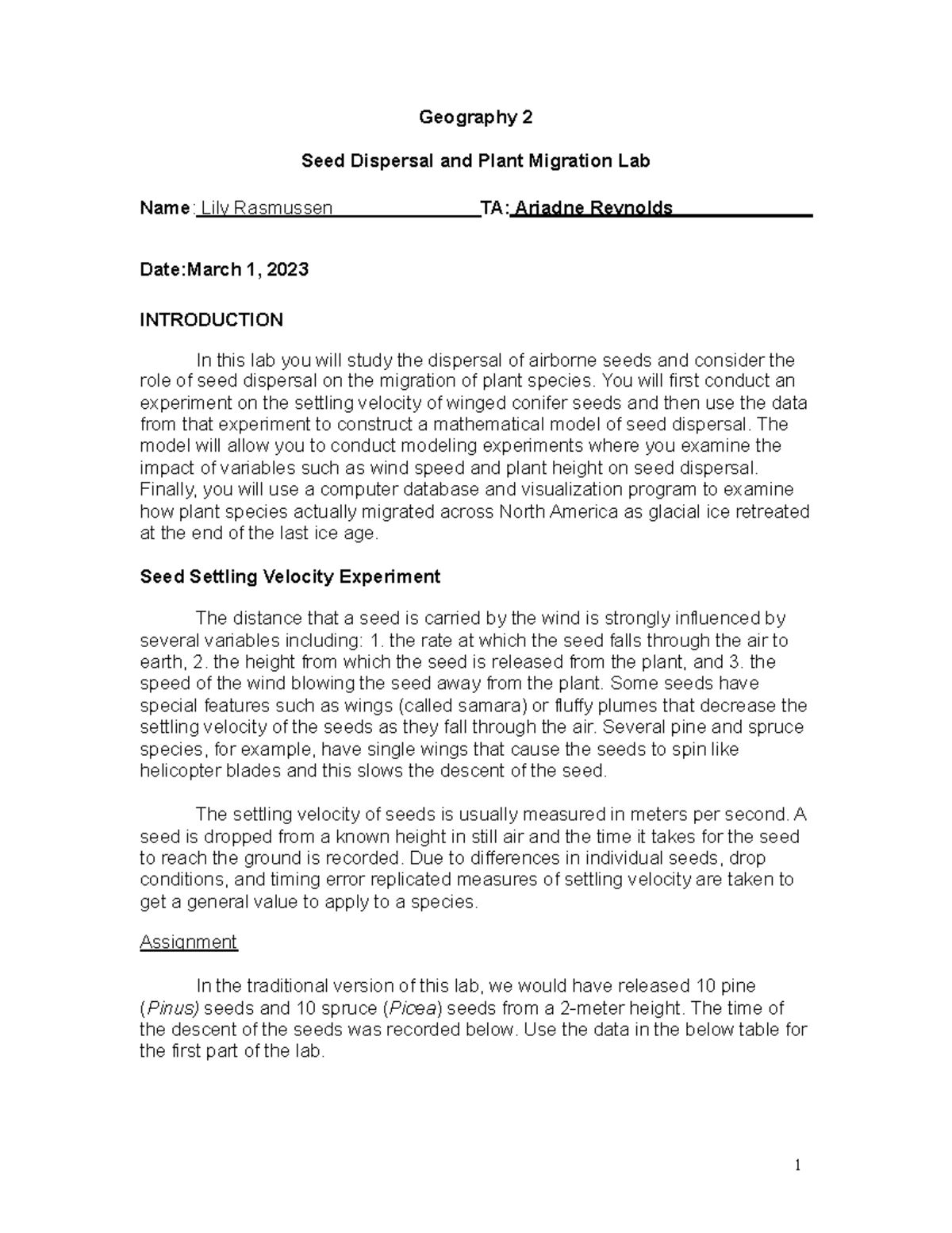 Geography Lab 4 - 1 Geography 2 Seed Dispersal and Plant Migration Lab ...