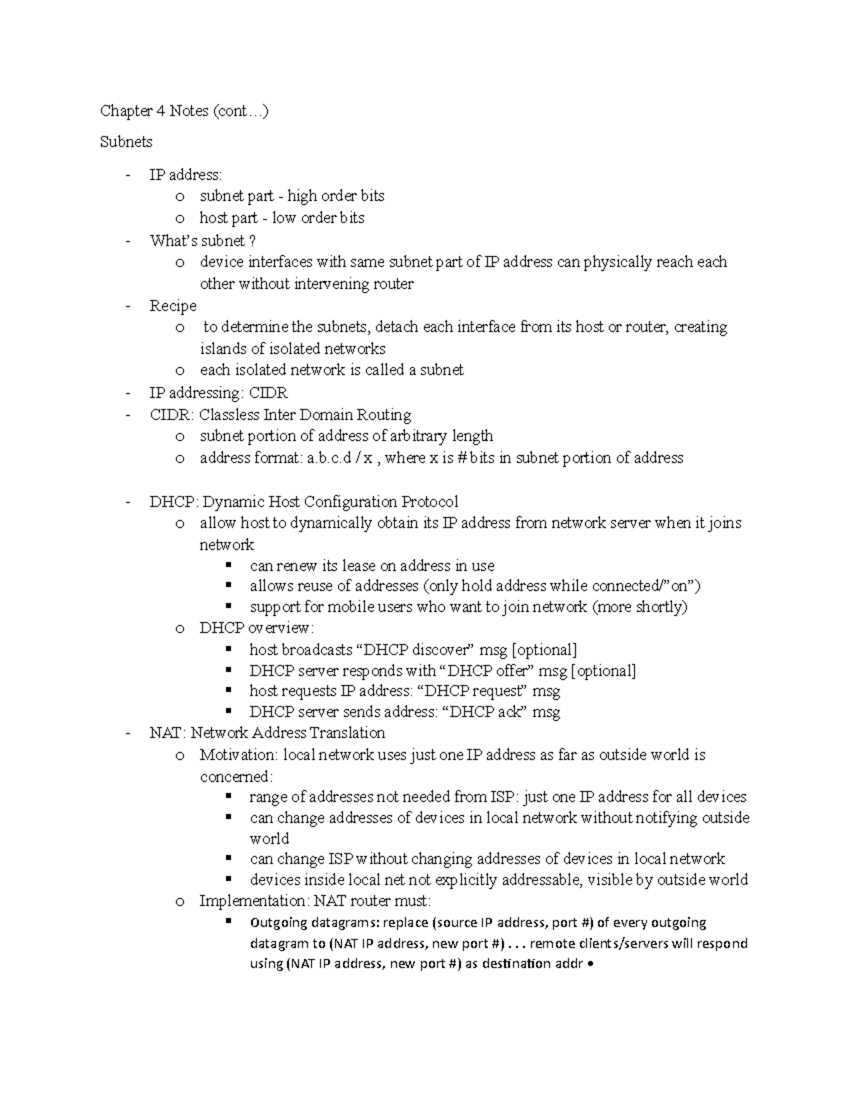 Weekly Report #10 - tdhf - Chapter 4 Notes (cont...) Subnets - IP ...