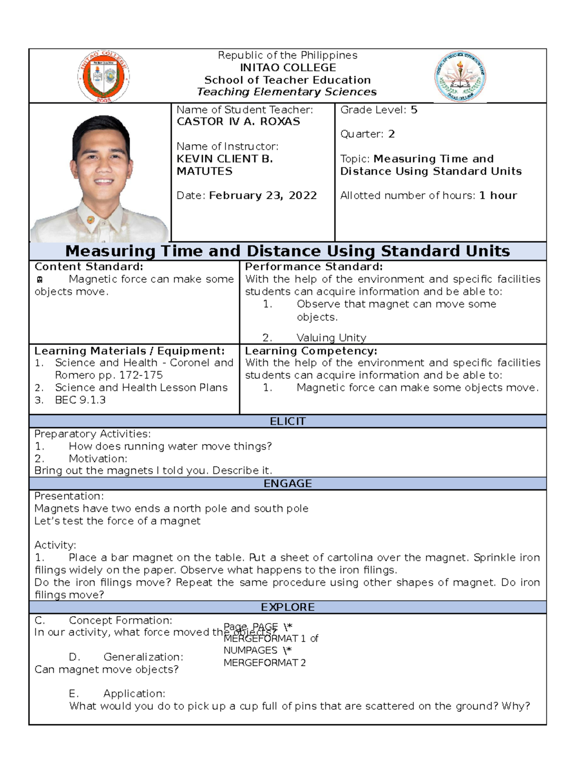 SCI Lesson PLAN Measuring Time and Distance Using Standard Units ...