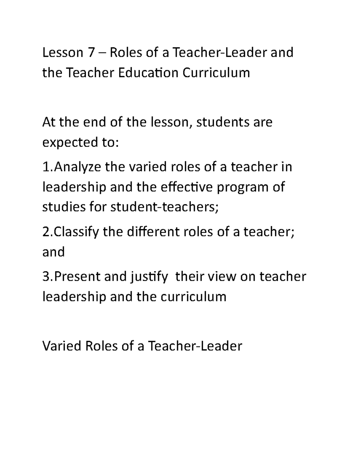 Lesson 7 T - Igubfyhby - Lesson 7 – Roles of a Teacher-Leader and the ...