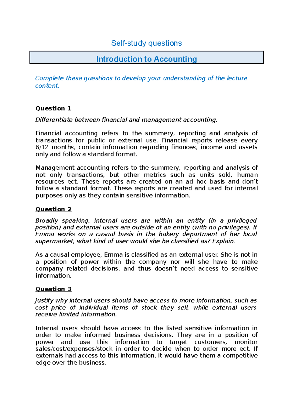 Topic 1 Self-study questions - Self-study questions Introduction to ...