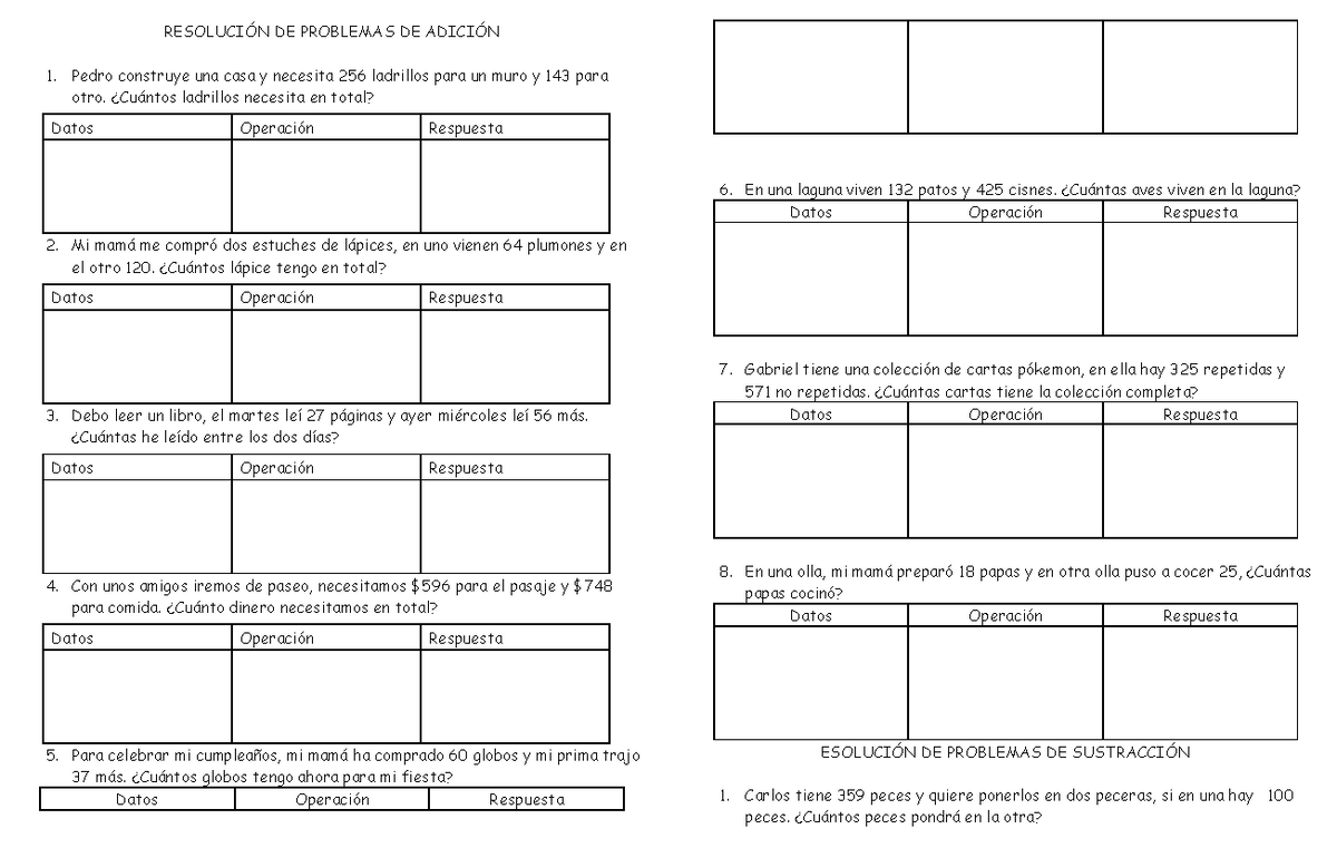 Resolución DE Problemas DE Adición - RESOLUCIÓN DE PROBLEMAS DE ADICIÓN ...