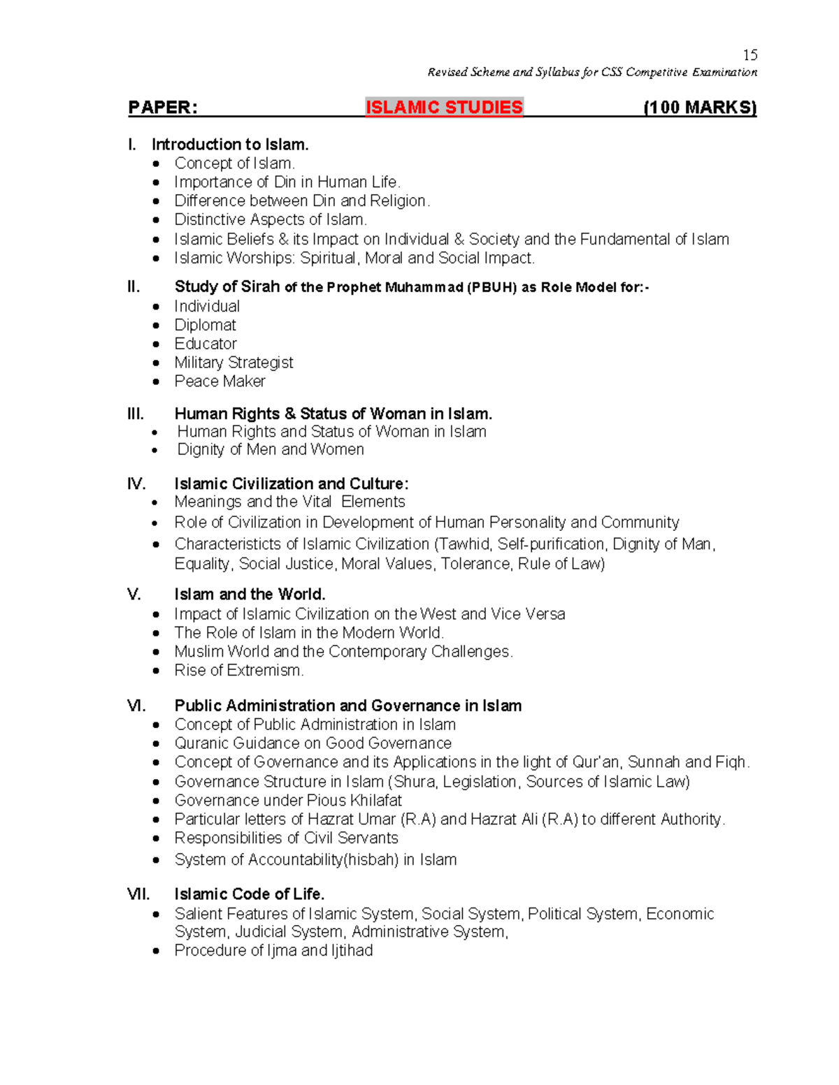 Islamiyat merged - 15 Revised Scheme and Syllabus for CSS Competitive ...