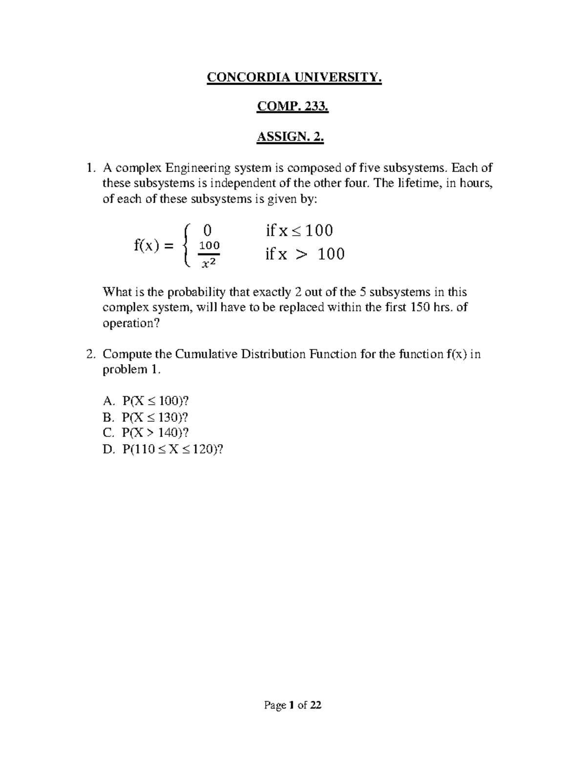 Assign 2 and Complete Solutions - ####### CONCORDIA UNIVERSITY. ####### COMP. 233 ...