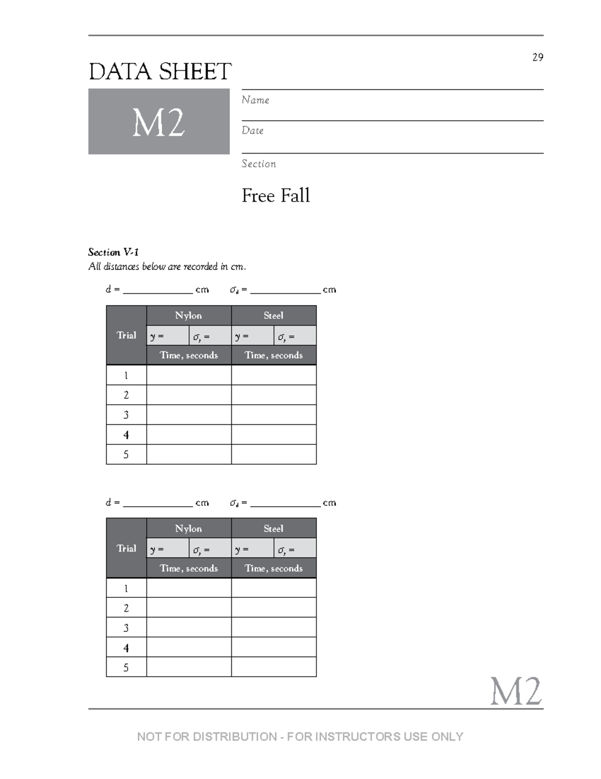 151-M2 Data Tables - 29 M Name Date Section Free Fall M DATA SHEET ...