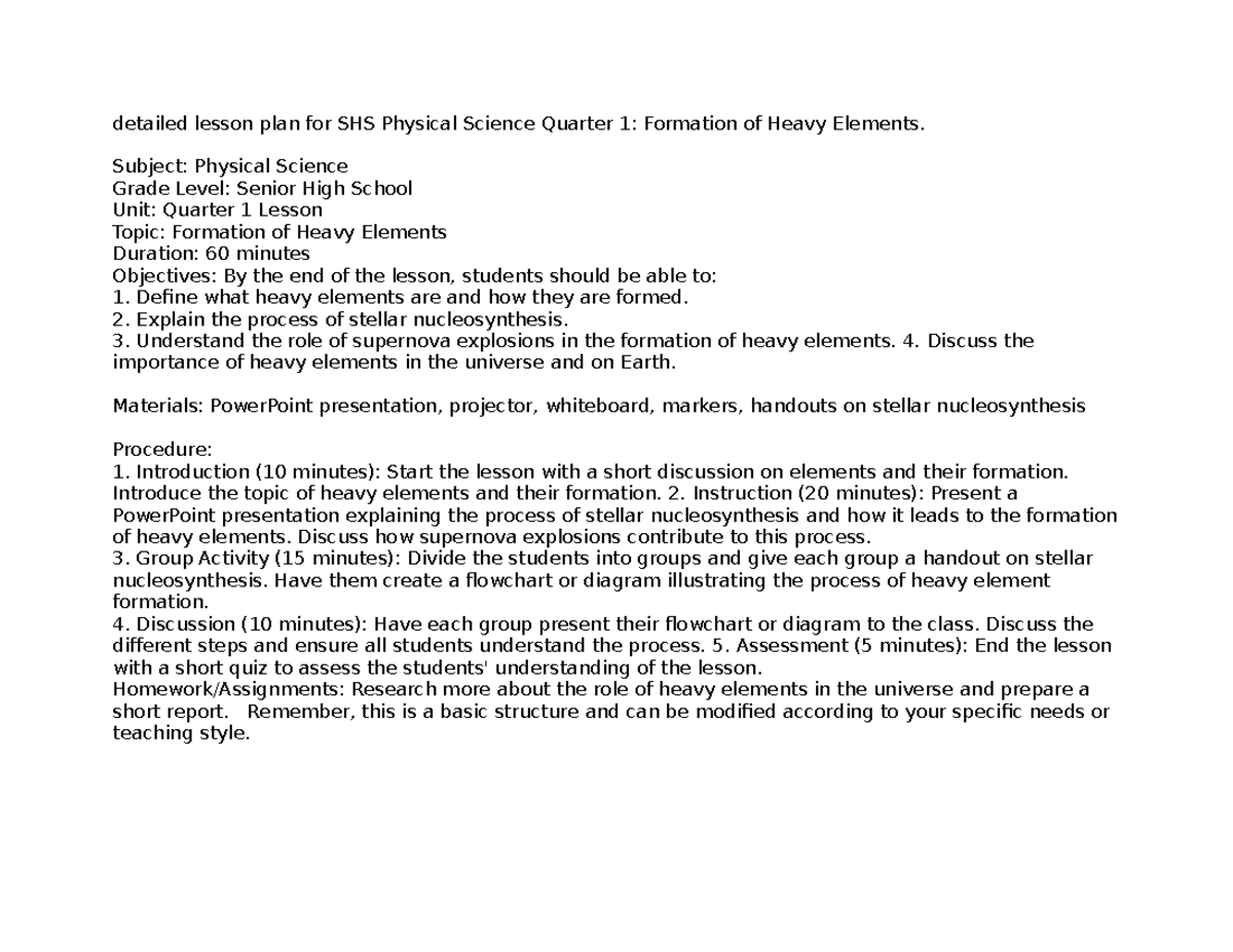 Detailed lesson plan for SHS Physical Science Quarter 1 - Subject ...