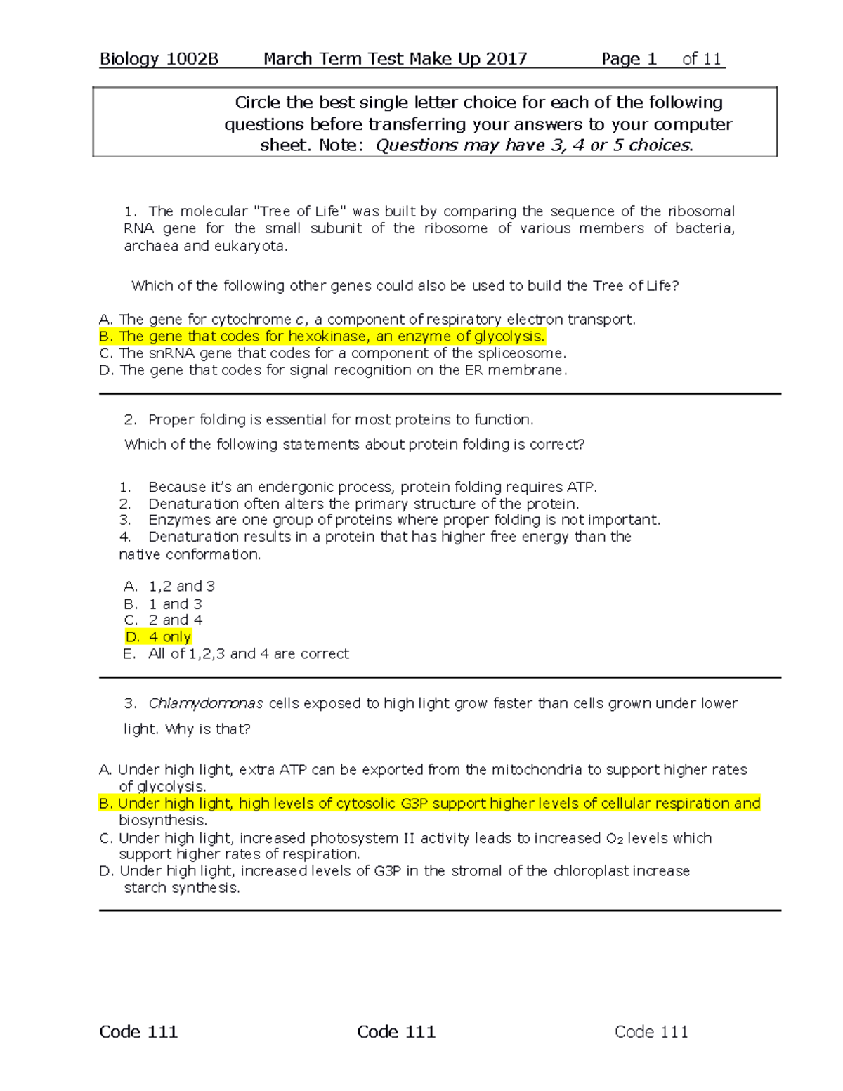 2017 Test 2 - Practice exam questions for biology exam - Circle the ...