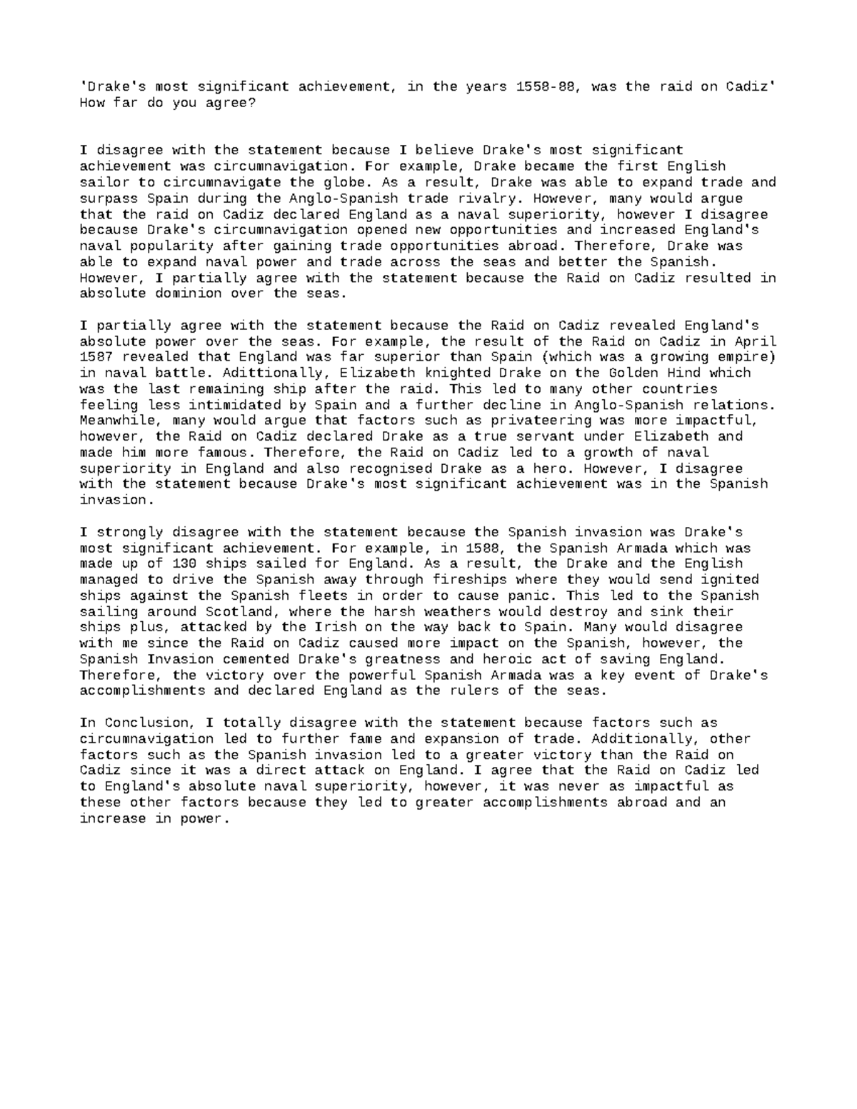 History elizabethan 16 marker - 'Drake's most significant achievement ...