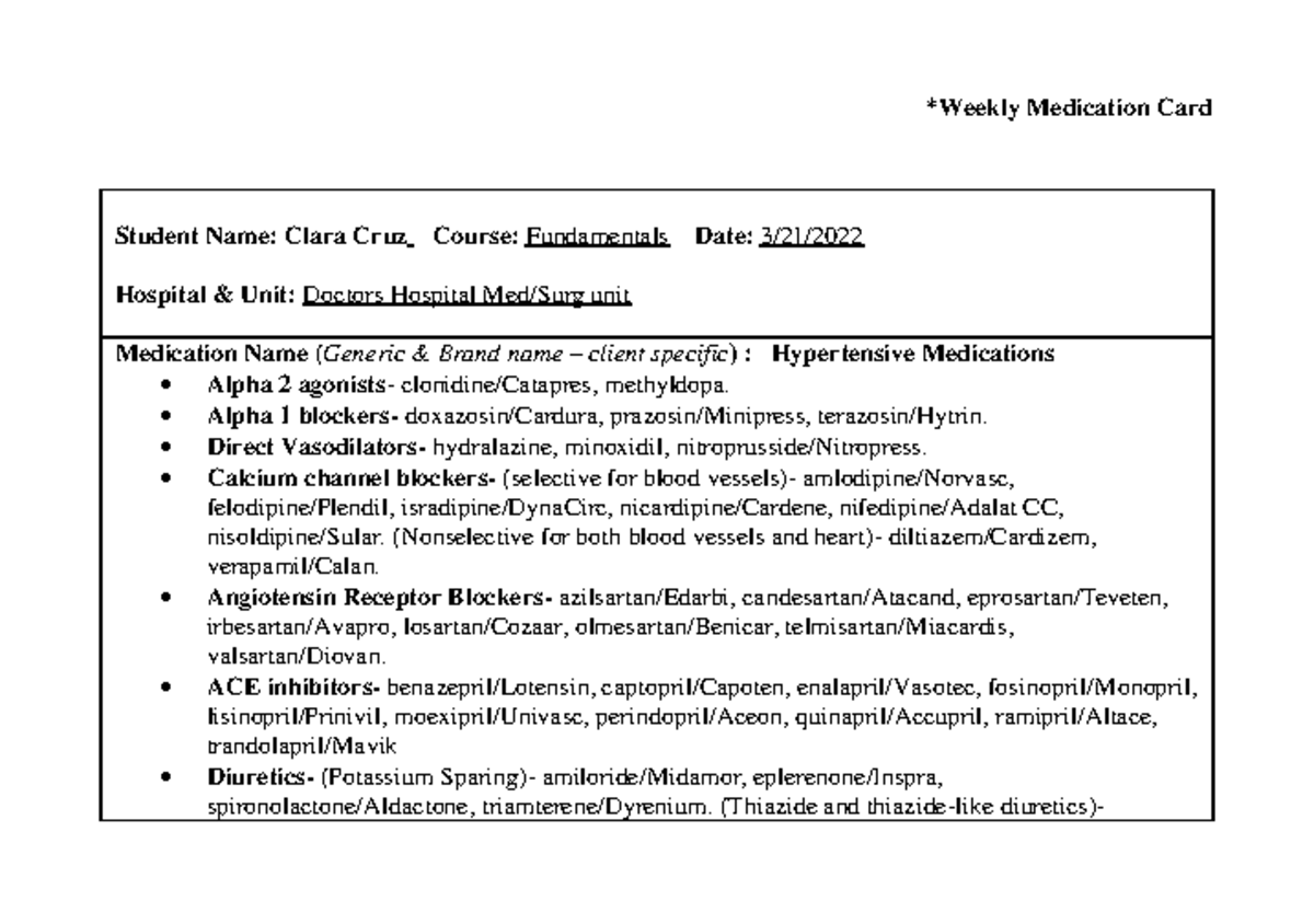 Hypertension Drugs Medication Card - Student Name: Clara Cruz Course ...