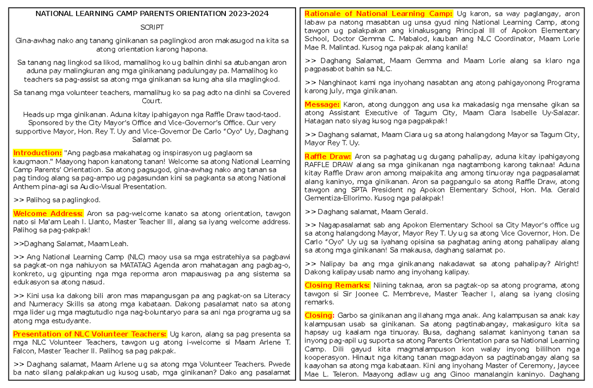 NLC Script - NATIONAL LEARNING CAMP PARENTS ORIENTATION 2023- SCRIPT ...