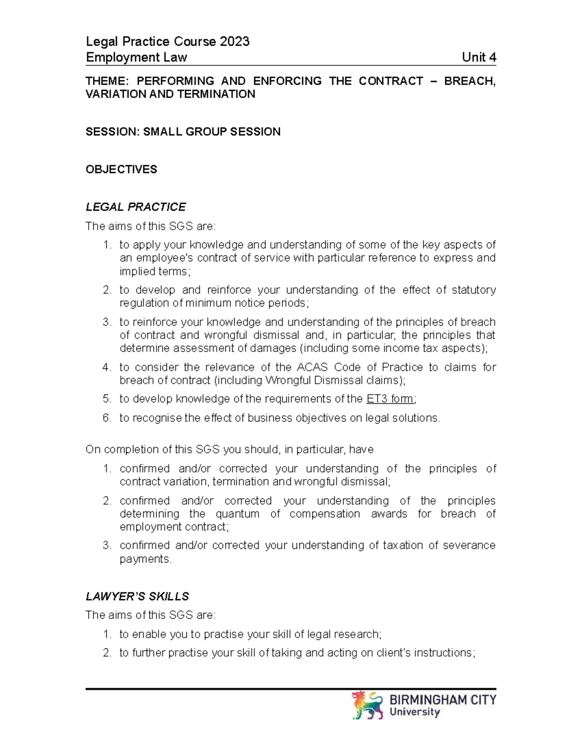 Sgs 4 Sgs 4 Employment Law Unit 4 Theme Performing And Enforcing
