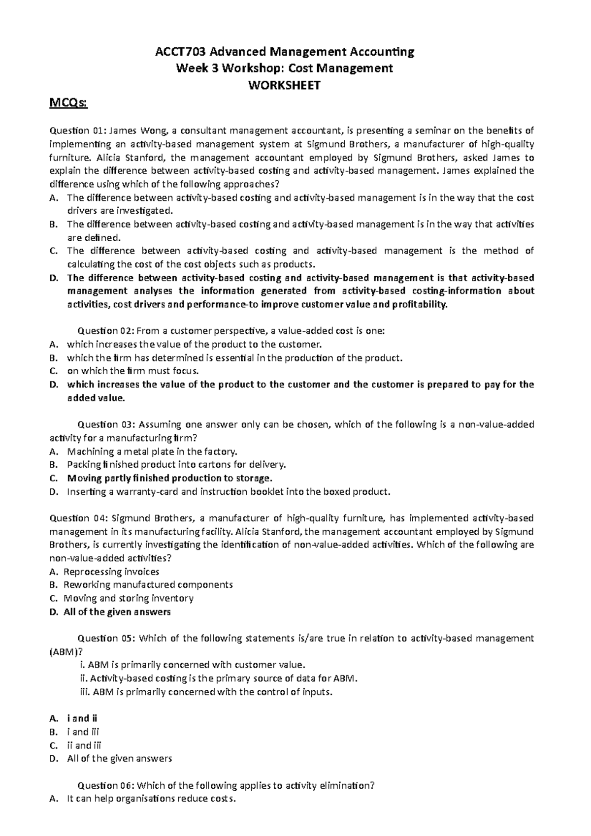 Week 3 Workshop Worksheet with Solutions - ACCT703 Advanced Management ...