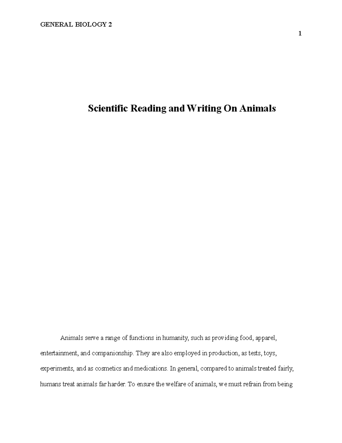 Writing Assignment - 1 Scientific Reading and Writing On Animals ...