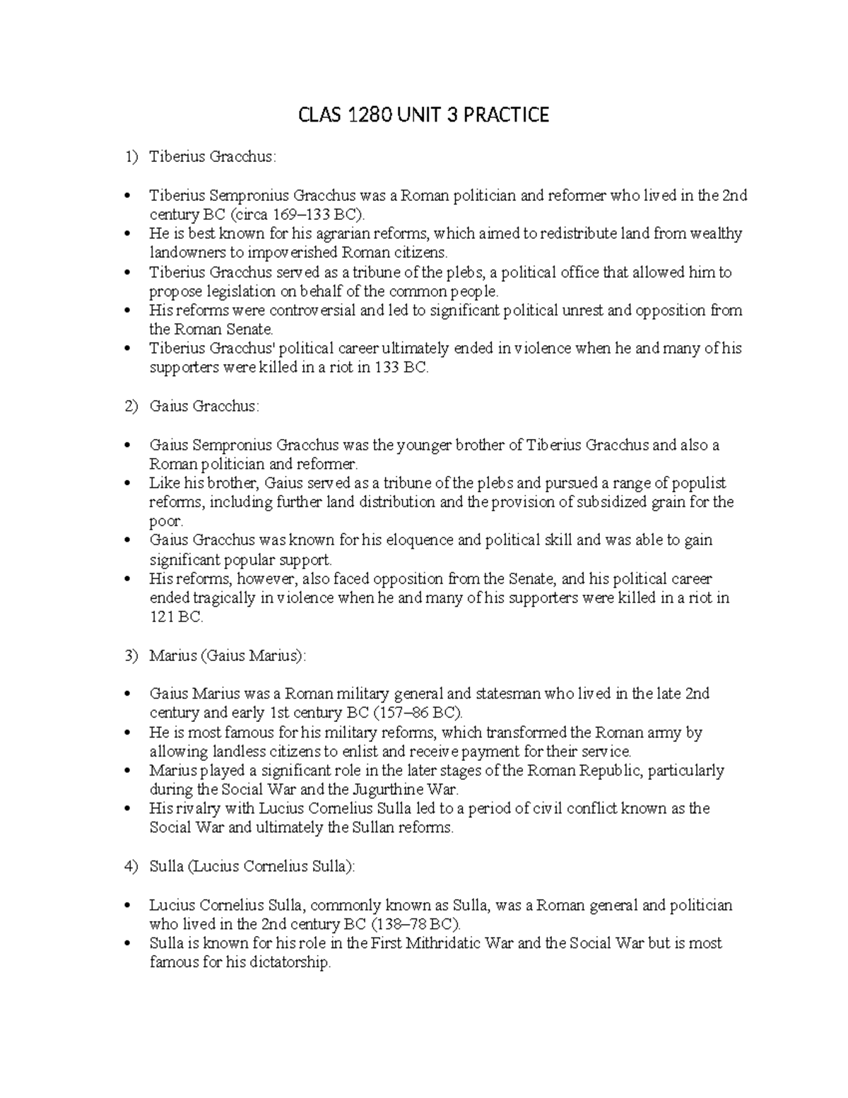 CLAS UNIT 3 Practice - CLAS 1280 UNIT 3 PRACTICE 1) Tiberius Gracchus ...