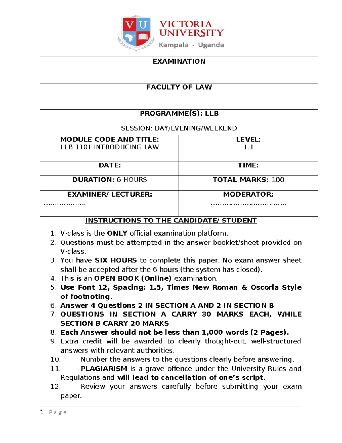 1.1 exam introduction to law 2 - Copy - EXAMINATION FACULTY OF LAW PROGRAMME(S): LLB SESSION ...