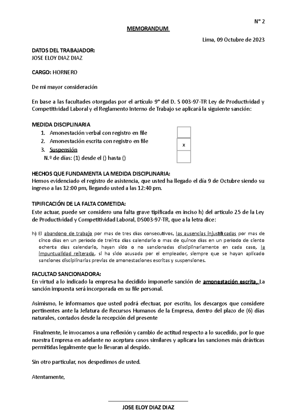 Modelo DE Memorandum Inciso H - Tardanza Y Faltas - Gestión de Riesgos ...