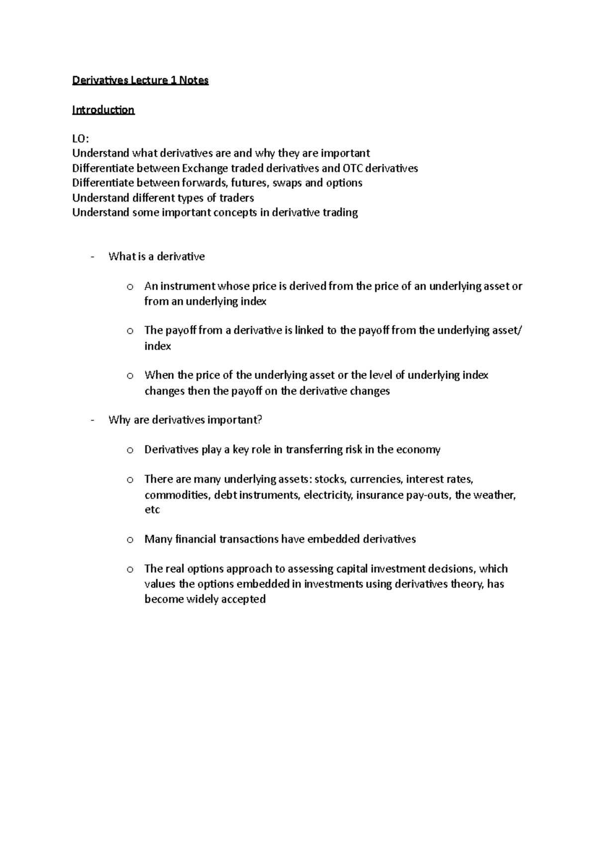 Derivatives Lecture 1 Notes Derivatives Lecture 1 Notes Introduction