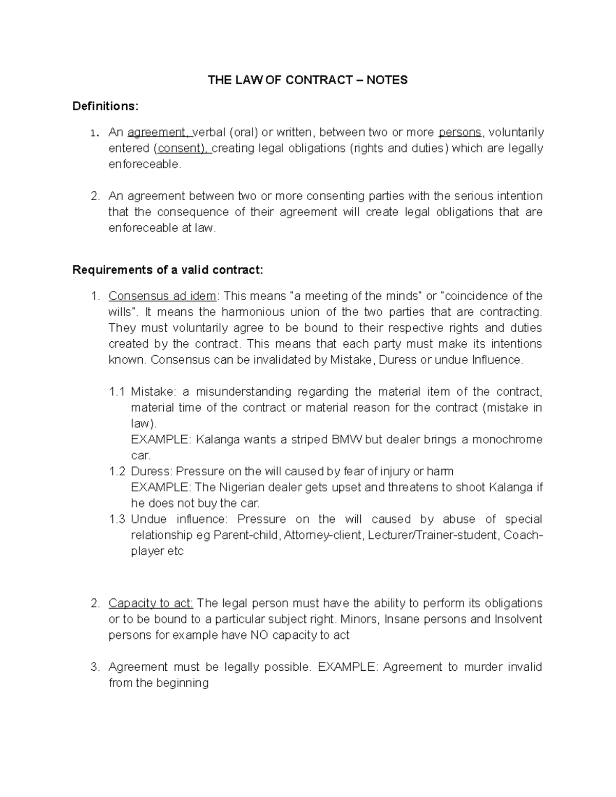 Contract - THE LAW OF CONTRACT – NOTES Definitions: An agreement ...