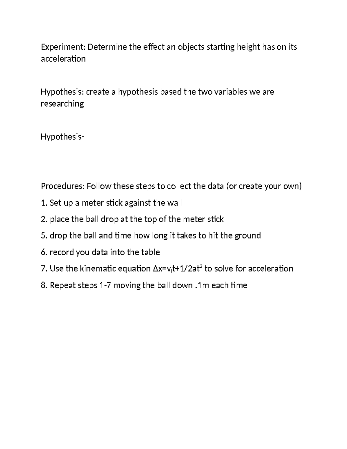 Free fall Lab 2 - Asnwers - Experiment: Determine the effect an objects ...