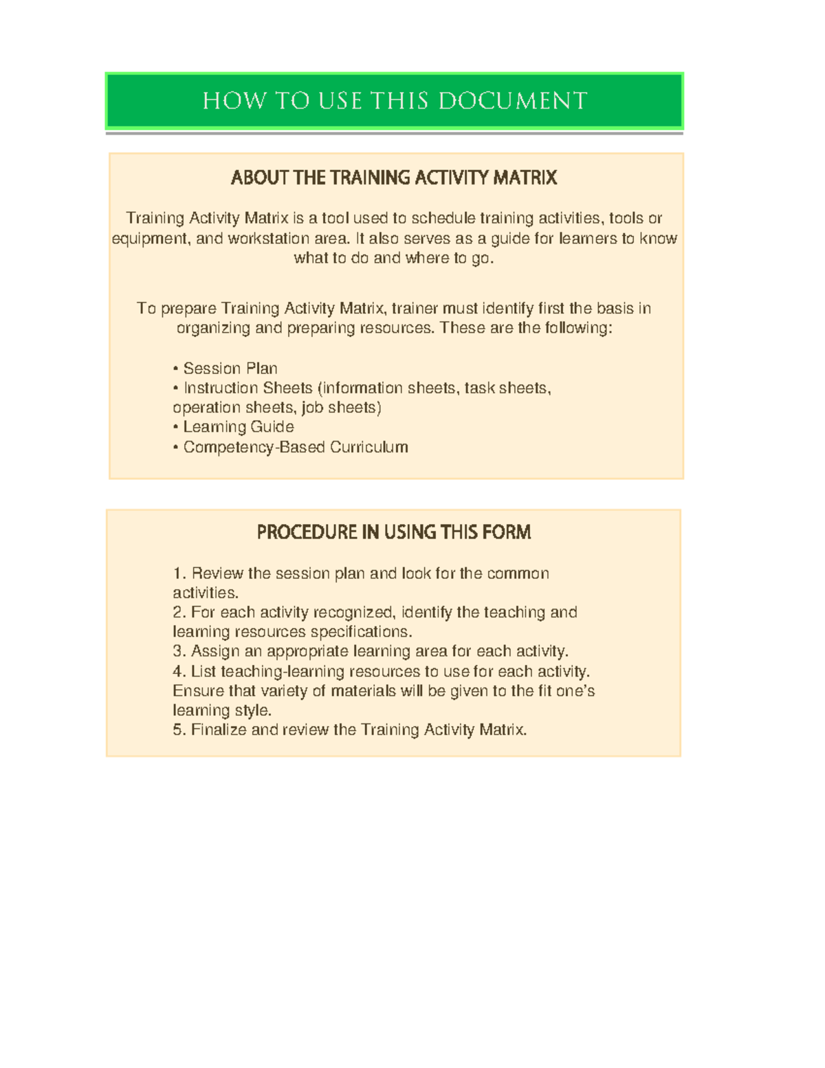 6 Training Activity Matrix - Session Plan Instruction Sheets ...
