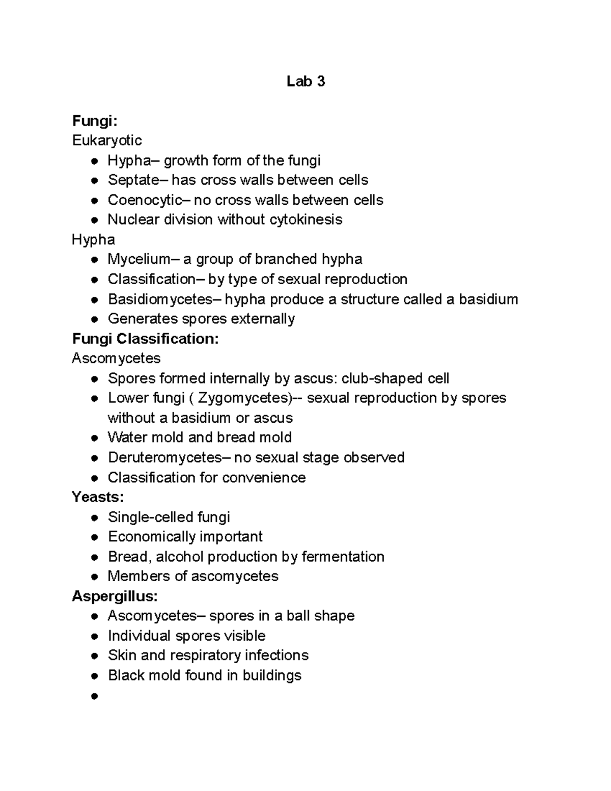 Fungi (lab 3) - Professor llwason - Lab 3 Fungi: Eukaryotic Hypha ...