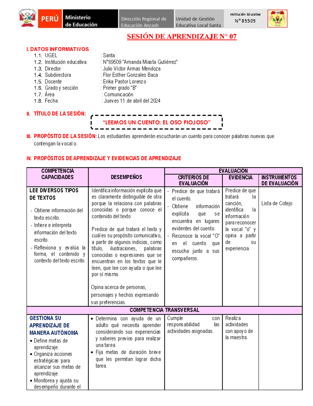 1º B - Sesion Nº 07- Comunicación - Leemos UN Cuento EL OSO Piojoso - N° 89509 SESIÓN DE ...