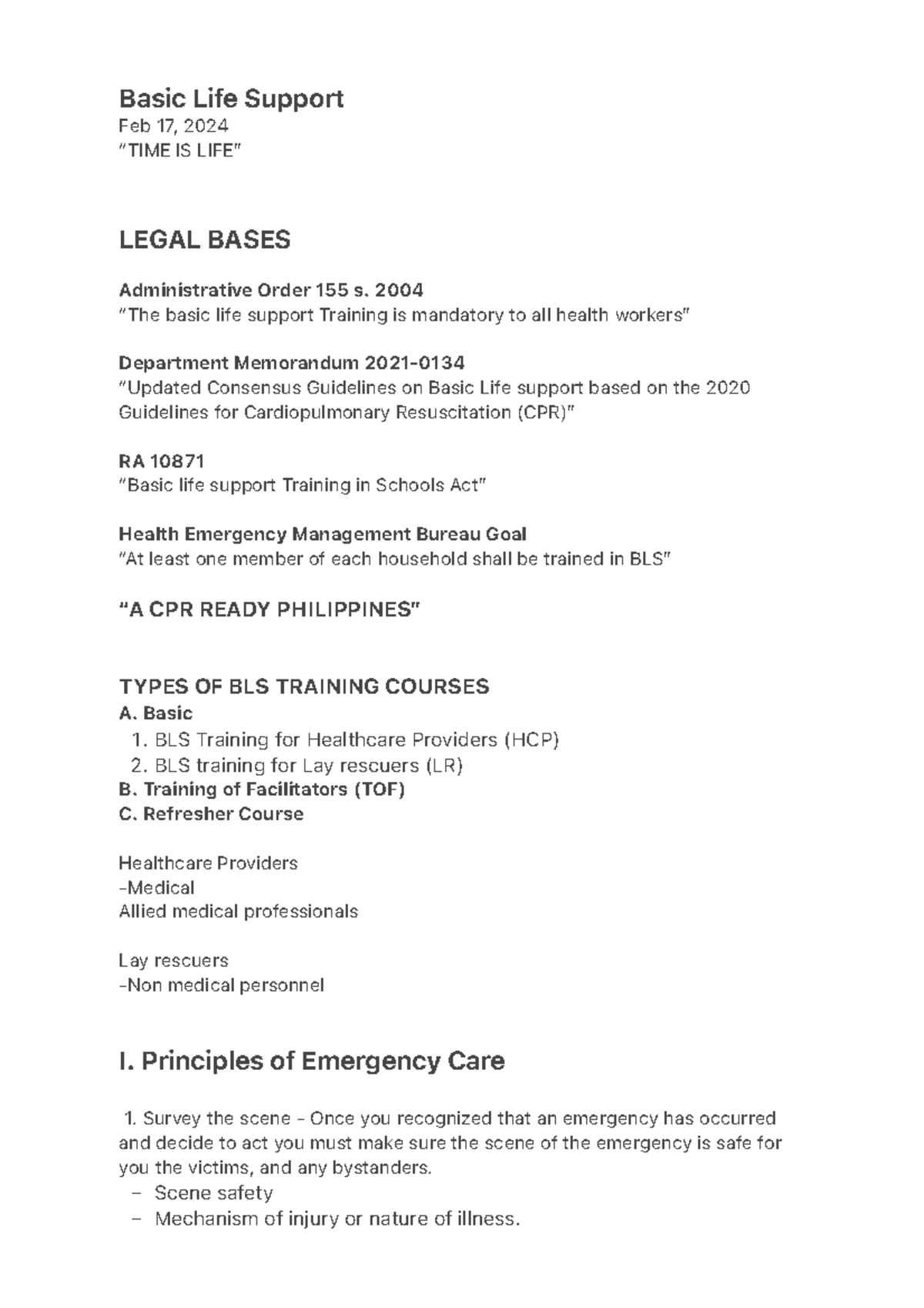 Basic Life Support-2-17-24 - 1. 2. – – Basic Life Support Feb 17, 2024 “TIME IS LIFE” LEGAL ...