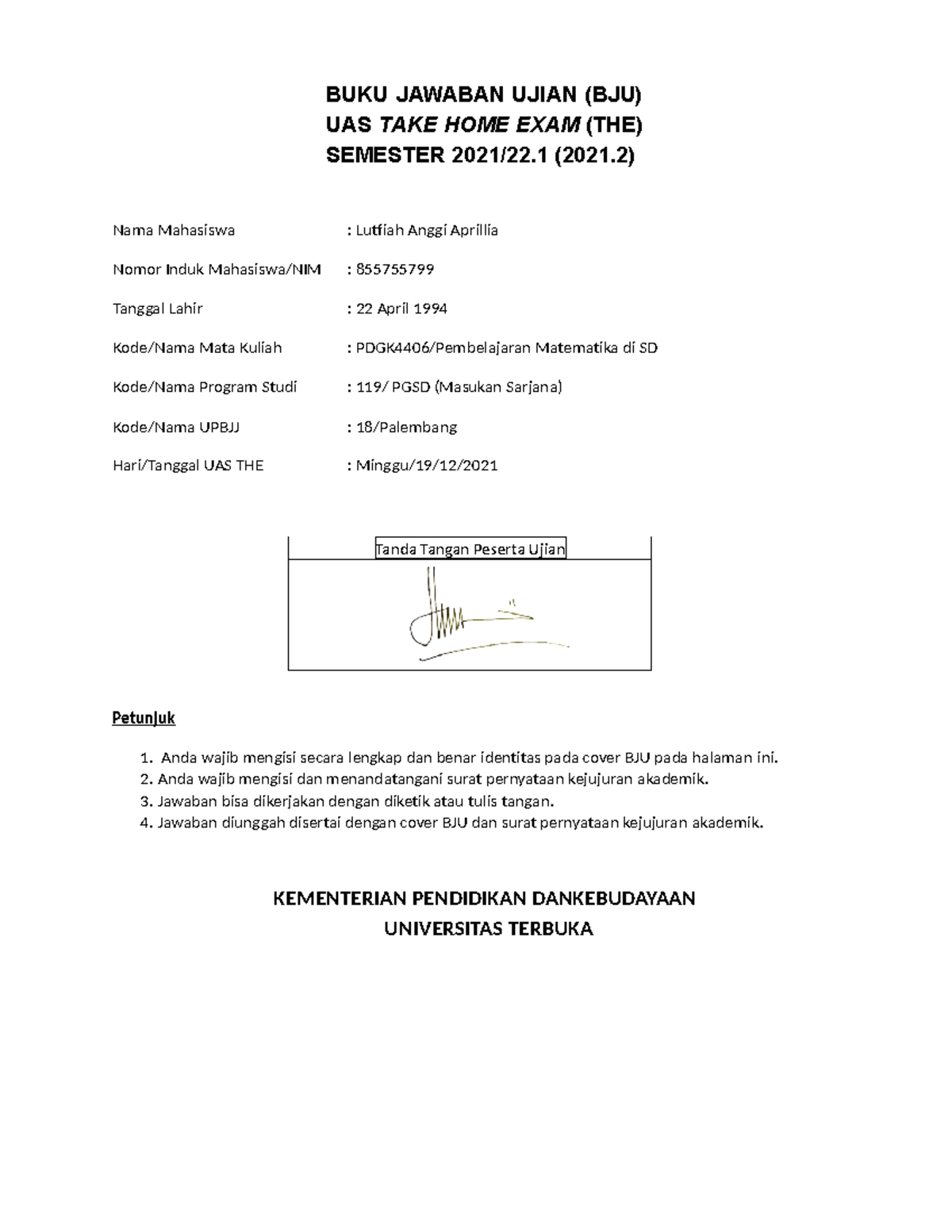 Matematika (Lutfiah Anggi Aprillia) - Tanda Tangan Peserta Ujian BUKU ...