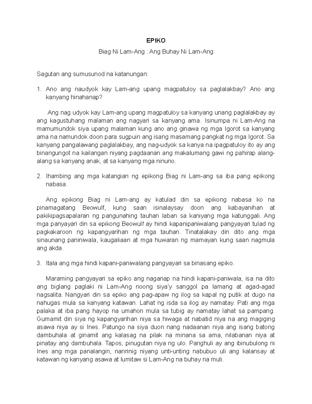 Panitikan: Epiko Sample Essay - EPIKO Biag Ni Lam-Ang : Ang Buhay Ni ...