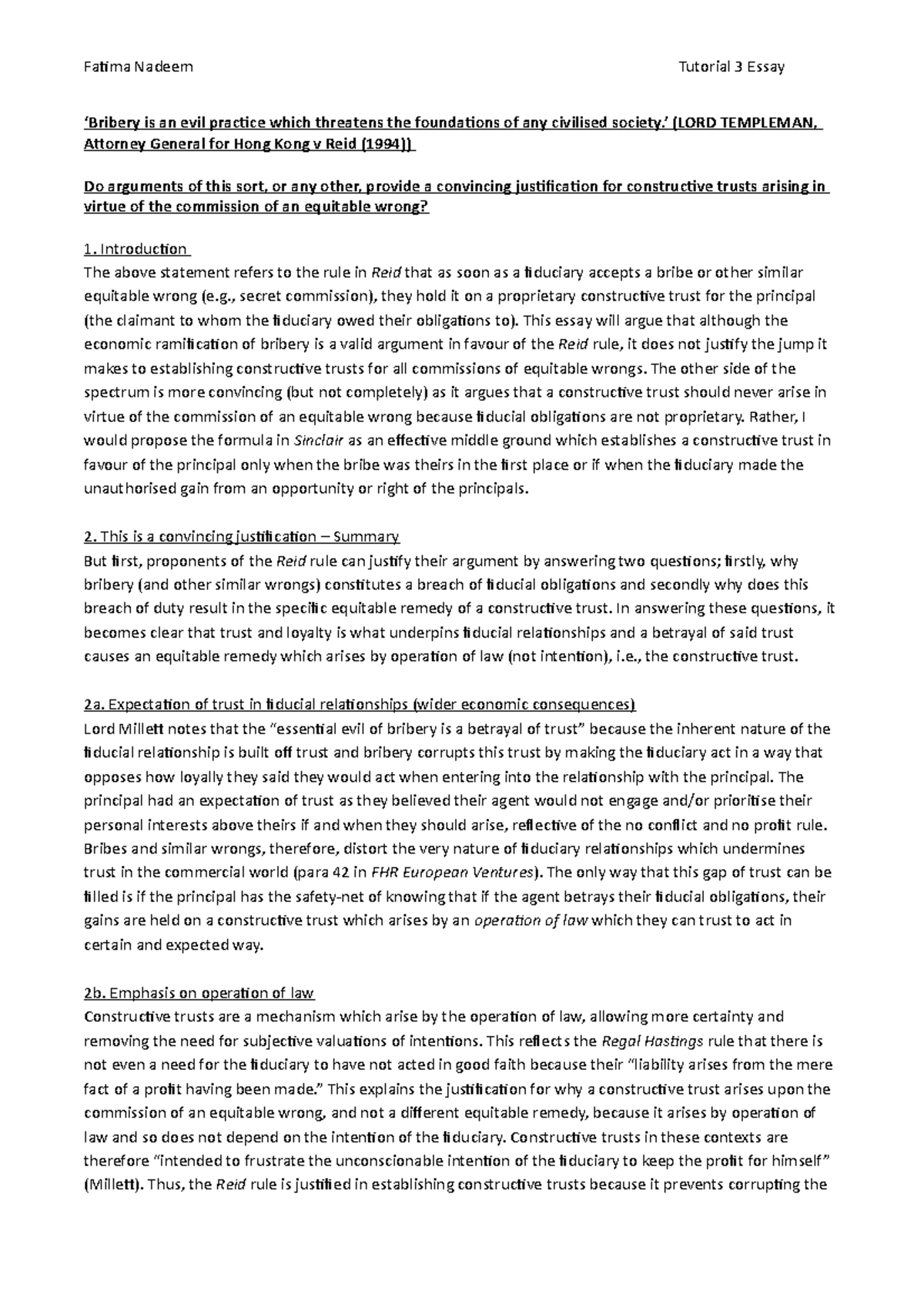 Tutorial 3 Essay on Constructive Trusts - Fatima Nadeem Tutorial 3 ...