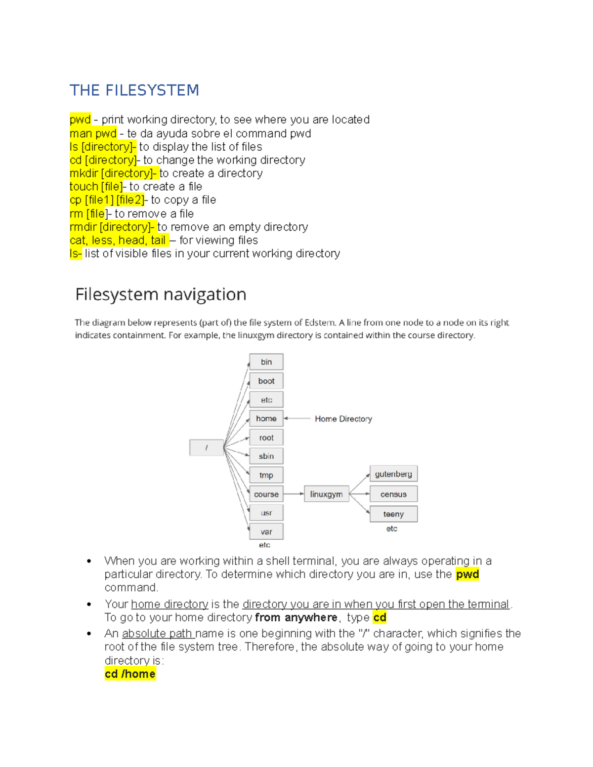 Lesson 1 - Explanation - THE FILESYSTEM pwd - print working directory ...