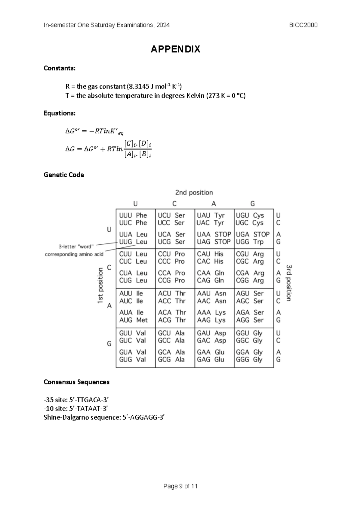 2024 BIOC2000 BIOC2900 In-Semester Exam Appendix - In-semester One ...